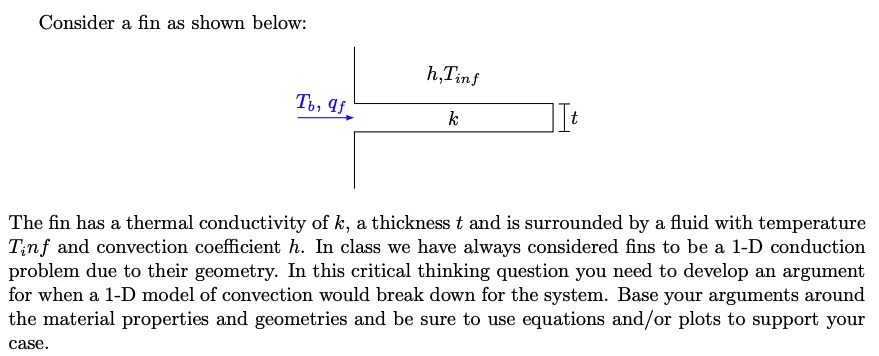 SOLVED: Consider a fin as shown below: h, Tinf k Tb, qf The fin has a ...
