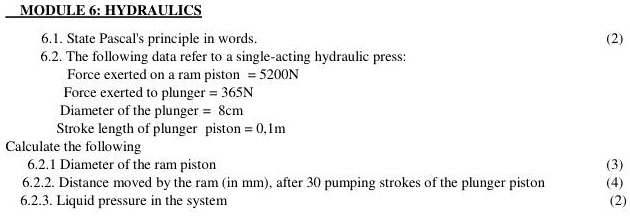 SOLVED: MODULE6:HYDRAULICS 6.1.State Pascal's principle in words 6.2 ...
