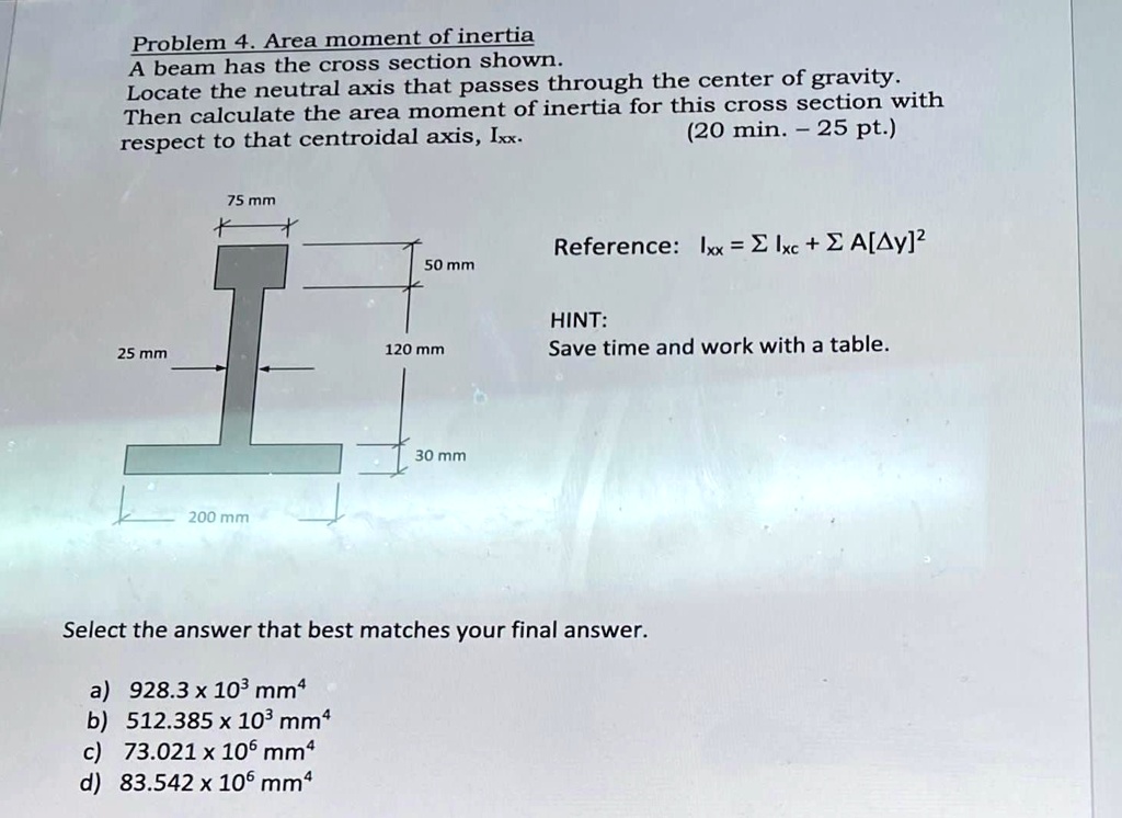 SOLVED: Problem 4: Area Moment of Inertia A beam has the cross section ...