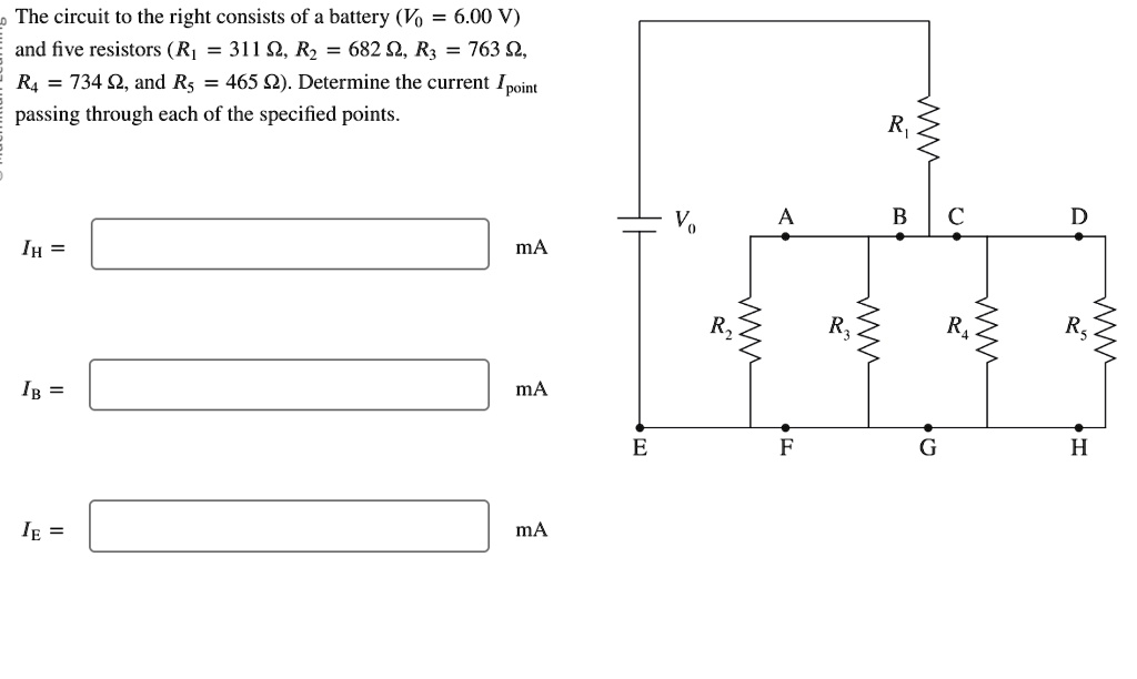 The circuit to the right consists of a battery (V0 = 6.00 V) and five ...