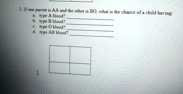 SOLVED: 3.If one parent is AA and the other is BO, what is the chance ...