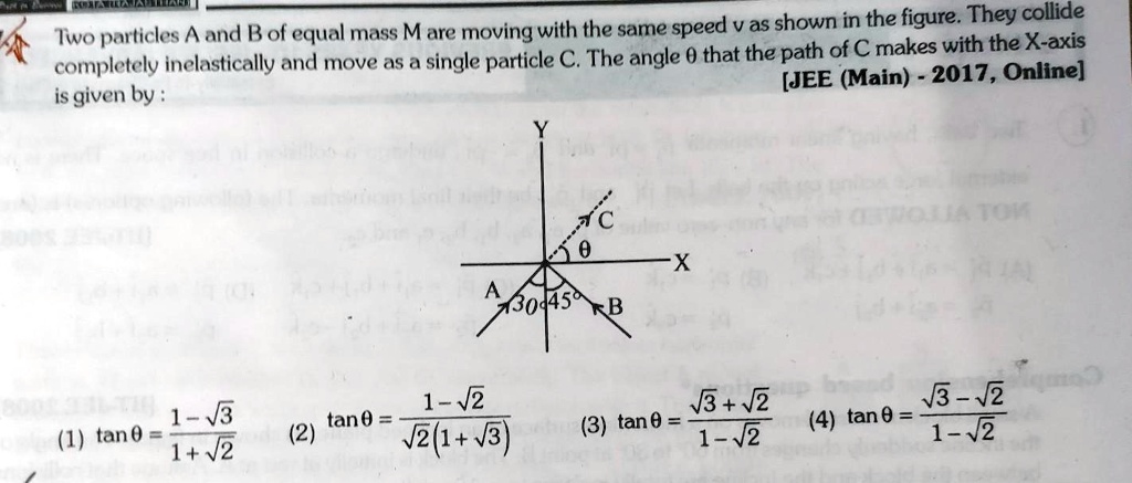 SOLVED: Two particles A and B of equal mass M are moving with the same speed v as shown in the ...