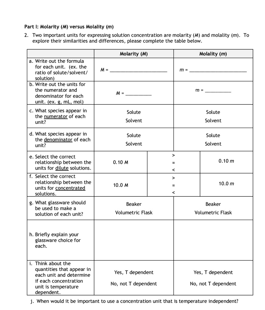 part i molarity m versus molality m two important units for expressing ...