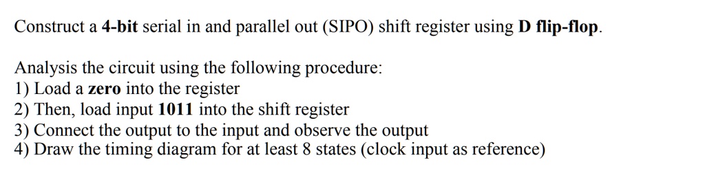 SOLVED: Construct a 4-bit serial in and parallel out (SIPO) shift register using D flip-flops ...