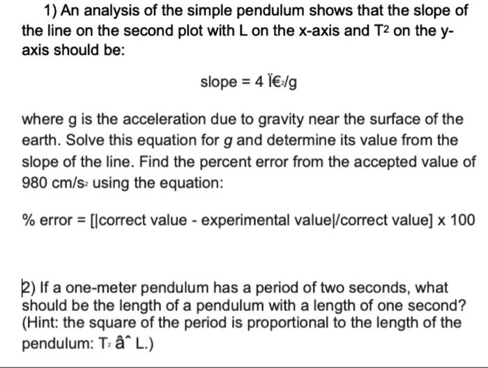 1 an analysis of the simple pendulum shows that the slope of the line ...