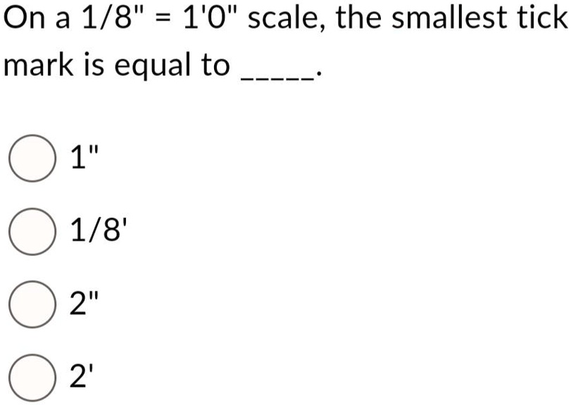On a 1/8" = 1'0" scale, the smallest tick mark is equal to...