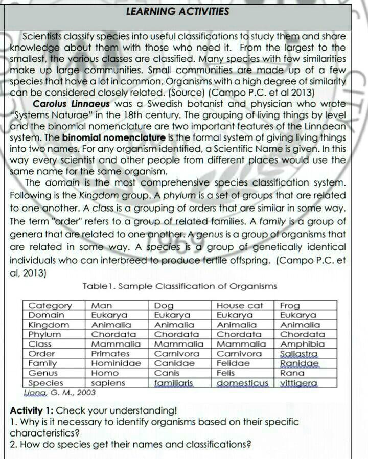 activity 1 check your understanding 1 why is it necessary to identify organisms based on their ...