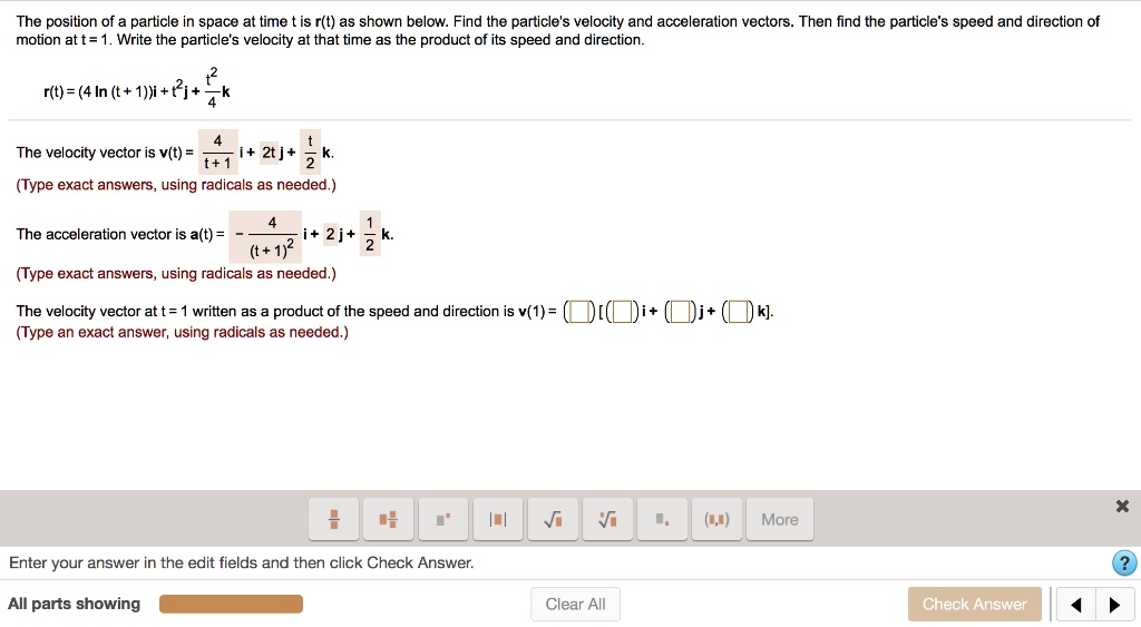 the position of particle in space at time is rt as shown below find the particles velocity and ...