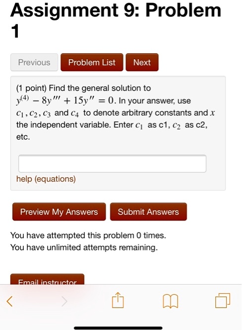 assignment 9 problem previous problem list next point find the general solution to y4 8y 15y 0 ...