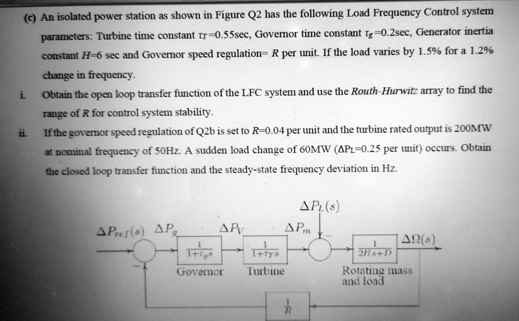 (c) An isolated power station as shown in Figure Q2 has the following ...
