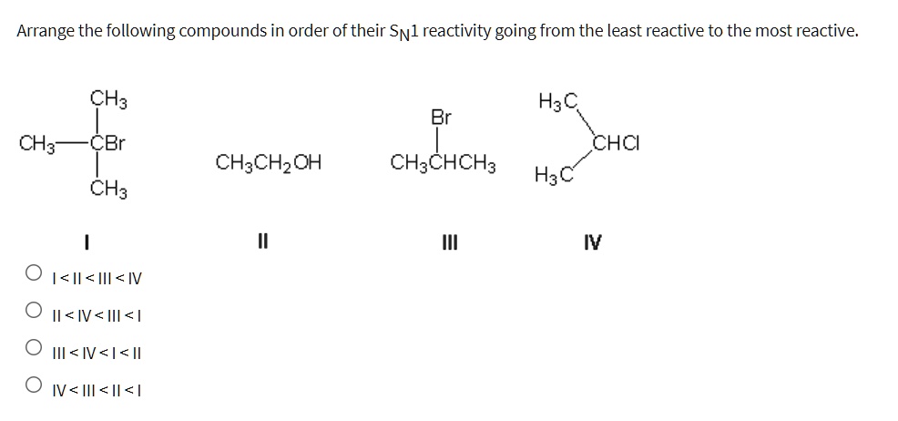 Arrange the following compounds in order of their SN1 reactivity going from the least reactive ...