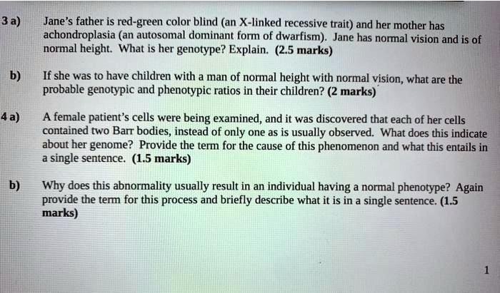 SOLVED: 3a) Jane'father is red-green color blind (an X-linked recessive ...