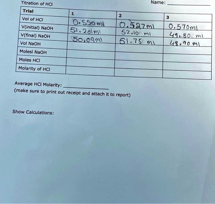 SOLVED: Titration of HCI Trial Vol of HCI V(initial) Naoh V(flnal) NaOH Vol NaOH Molesl Naoh ...