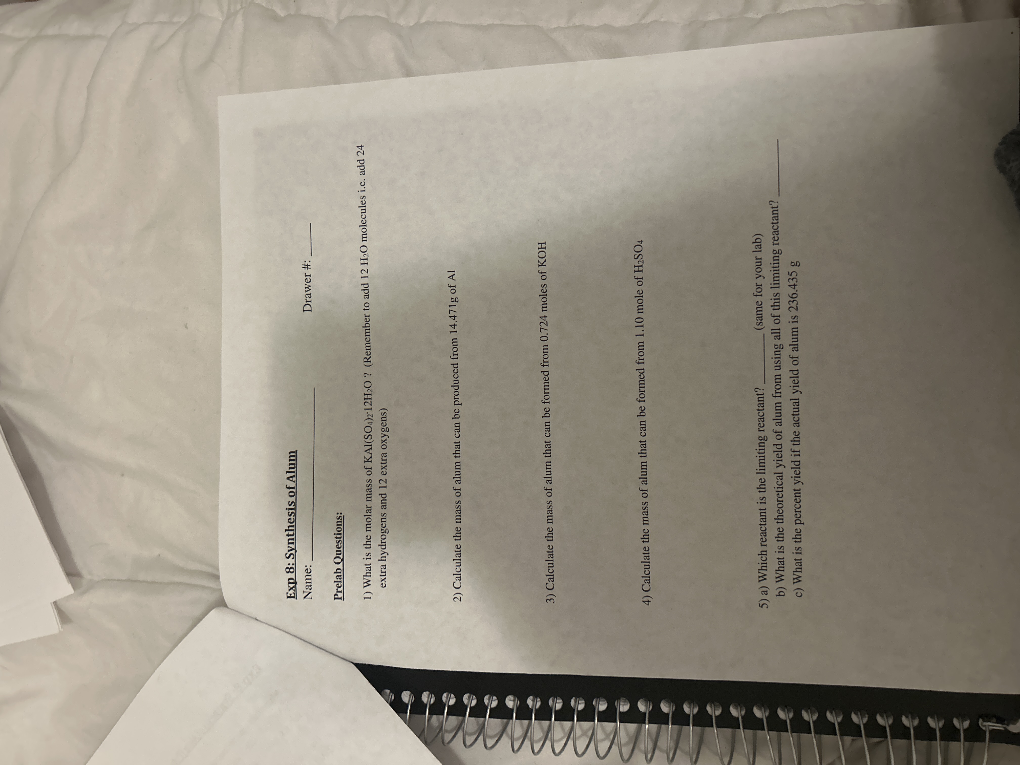 Exp 8: Synthesis of Alum Name: Drawer #: Prelab Questions: 1) What is ...