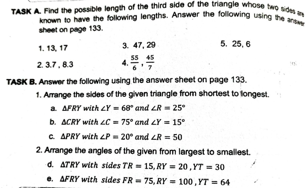 SOLVED: "LESSON: TRIANGLE INEQUALITIESTASK A. FIND THE POSSIBLE LENGTH OF THE THIRD SIDE OF THE ...