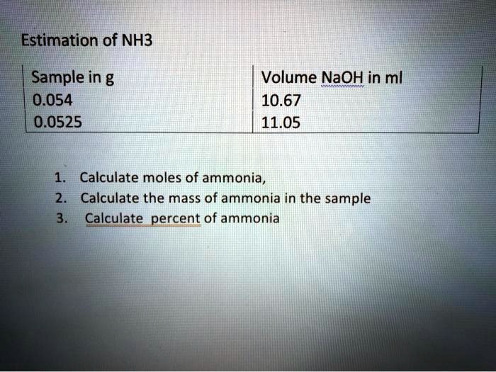 SOLVED: Estimation of NH3 Sample in g 0.054 0.0525 Volume NaOH in ml 10.67 11.05 Calculate moles ...