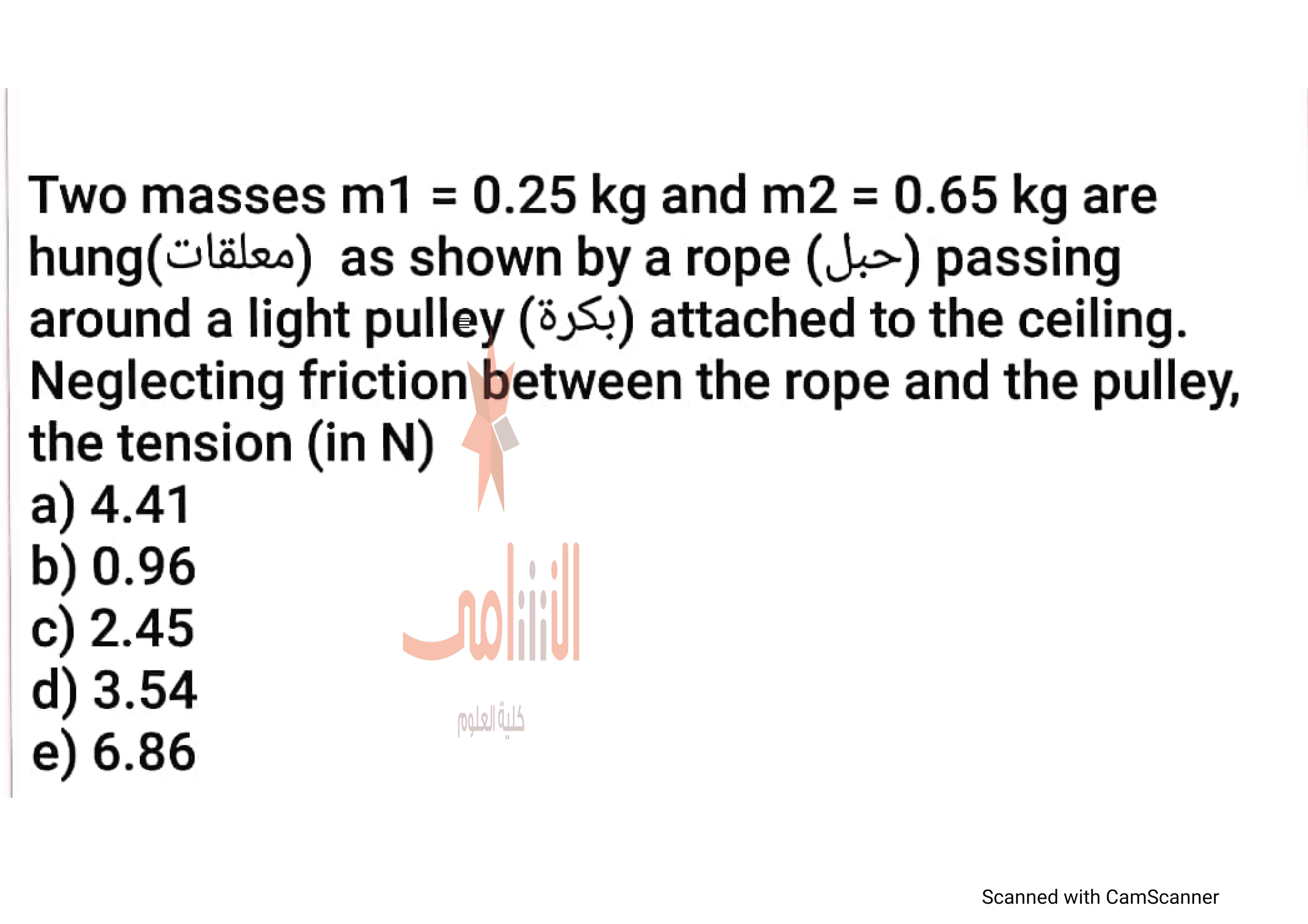 SOLVED: Two masses m 1=0.25 kg and m 2=0.65 kg are hung(??????) as shown by a rope (???) passing ...