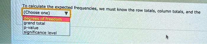 SOLVED: To calculate the expected frequencies, we must know the row ... SOLVED: To calculate the expected frequencies, we must know the row ...