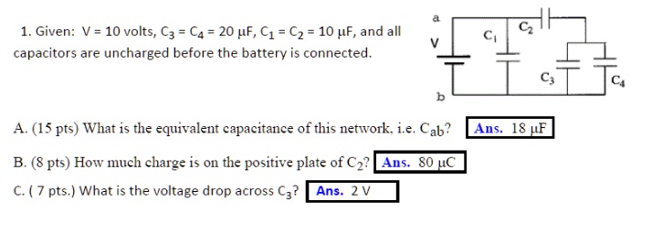 SOLVED: Given: V = 10 volts, C1 = 20F, C2 = 10F, and all capacitors are uncharged before the ...