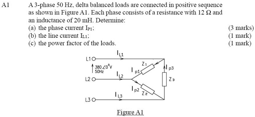 A 3-phase 50 Hz delta balanced loads are connected in positive sequence as shown in Figure A1 ...