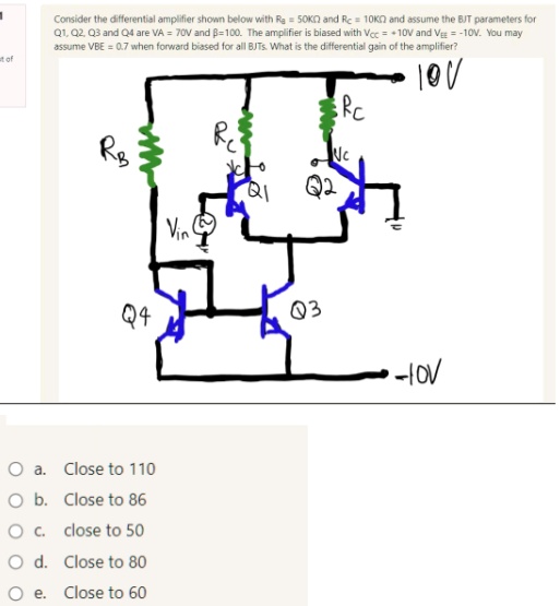 SOLVED: Consider the differential amplifier shown below with Rg = 50kÎ© and Rc = 10kÎ© and ...