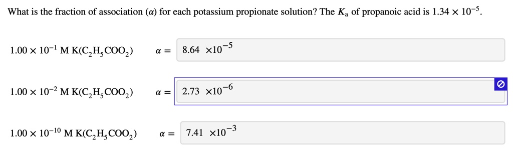what is the fraction of association a for each potassium propionate ...