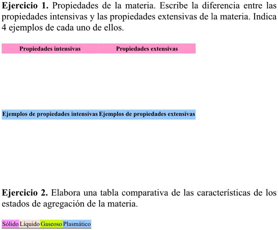 SOLVED: Ayuda es de química Ejercicio 1. Propiedades de la materia ...