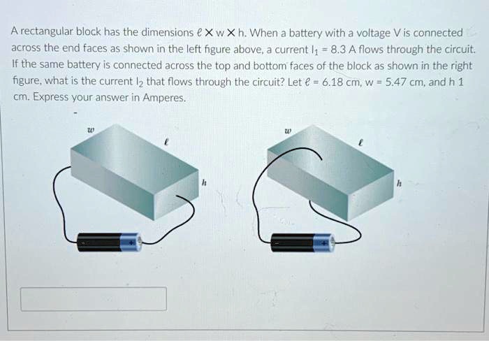 SOLVED: A rectangular block has the dimensions e x w x h. When a battery with a voltage V is ...