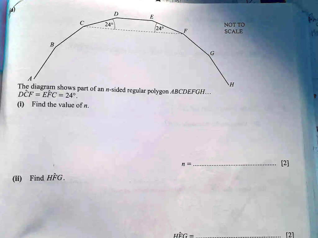 The diagram shows part of an n-sided regular polygon ABCDEFGH... = = 24 ...