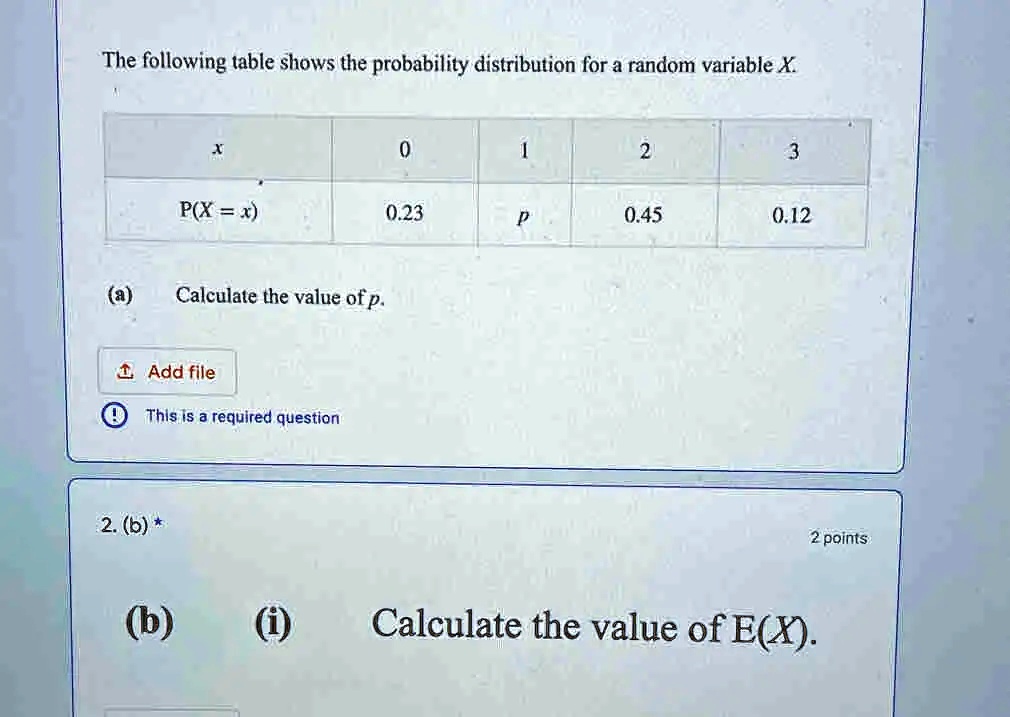 SOLVED: The following table shows the probability distribution for a random variable X P(X = x ...