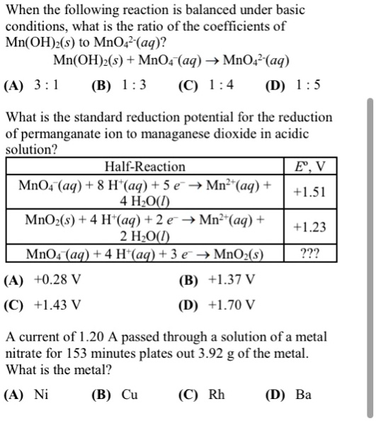 SOLVED: When the following reaction is balanced under basic conditions, what is the ratio of the ...