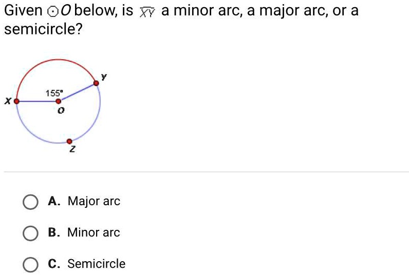 Given ⊙ O below, is ⌢XY a minor arc, a major arc, or a semicircle? Y ...