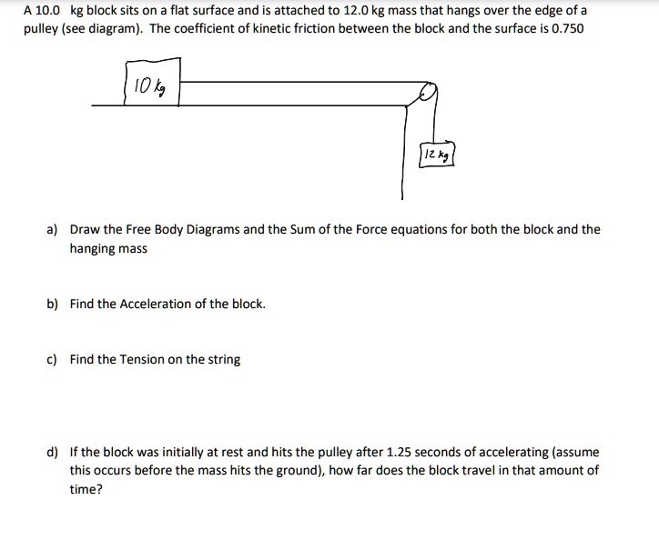 SOLVED: A 10.0 kg block sits on a flat surface and is attached to a 12.0 kg mass that hangs over ...