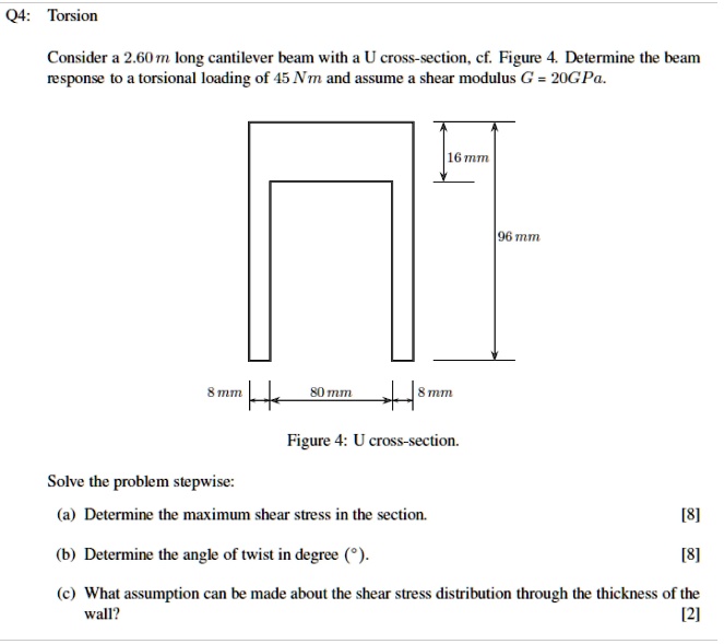 SOLVED: 04: Torsion Consider a 2.60m long cantilever beam with a U ...