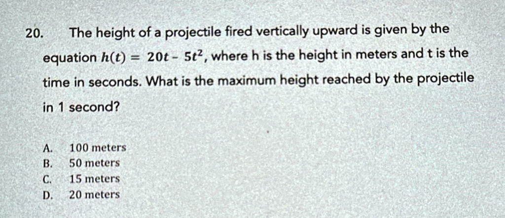 the height of a projectile fired vertically upward is given by the equation ht20t 5t2 where h is ...
