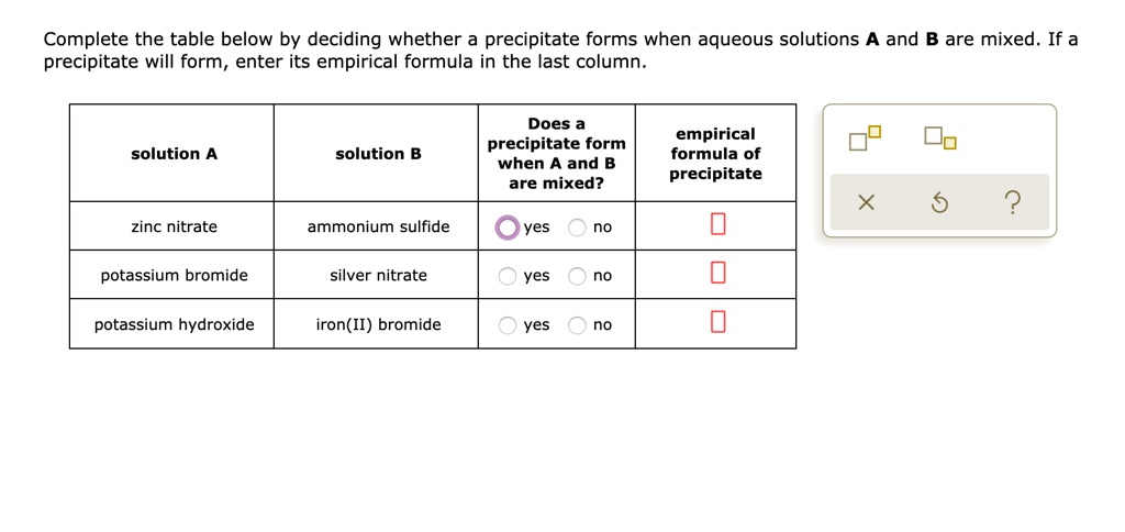 SOLVED: Complete the table below by deciding whether a precipitate forms when aqueous solutions ...