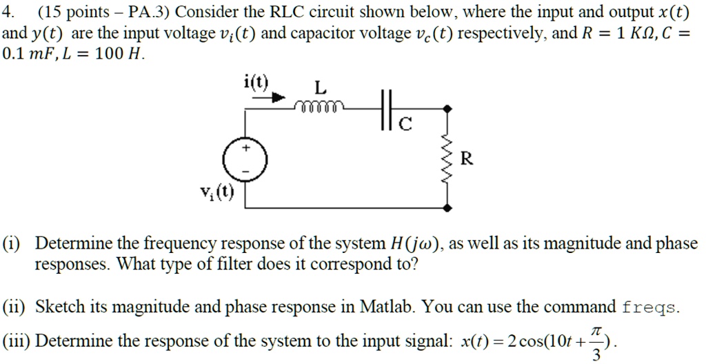 SOLVED: Text: (15 points - PA.3) Consider the RLC circuit shown below, where the input and ...