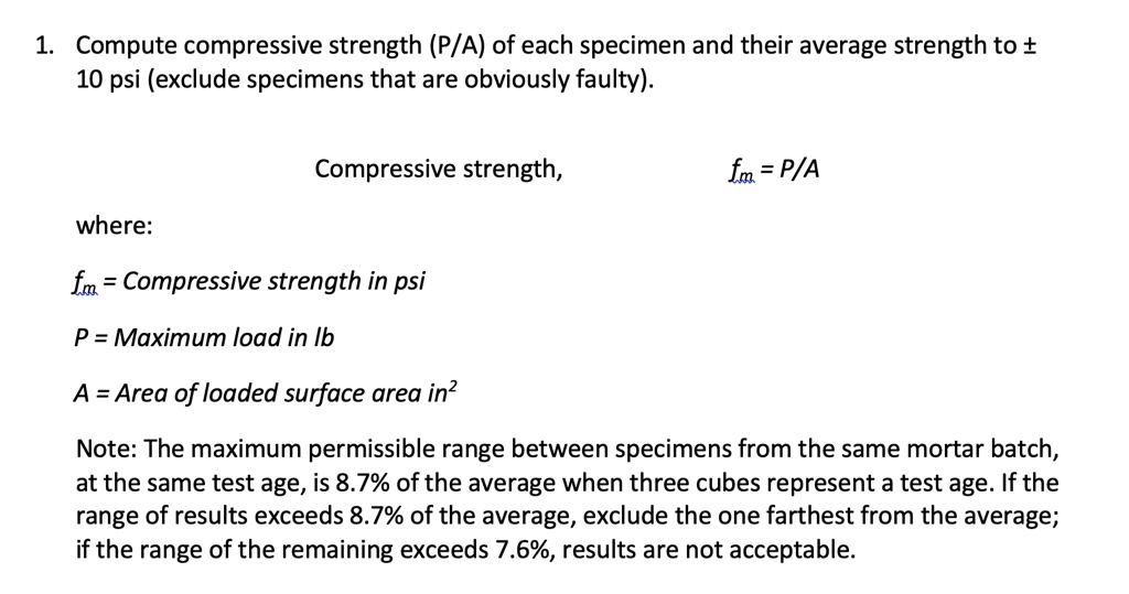 1. Compute compressive strength (P/A) of each specimen and their ...