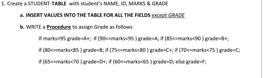 1create a student table with students nameidmarks grade ainsert values ...