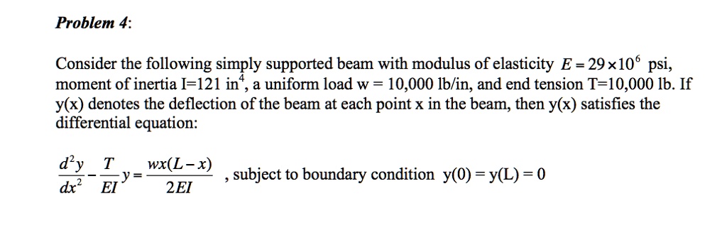 SOLVED: Problem 4: Consider the following simply supported beam with modulus of elasticity E ...