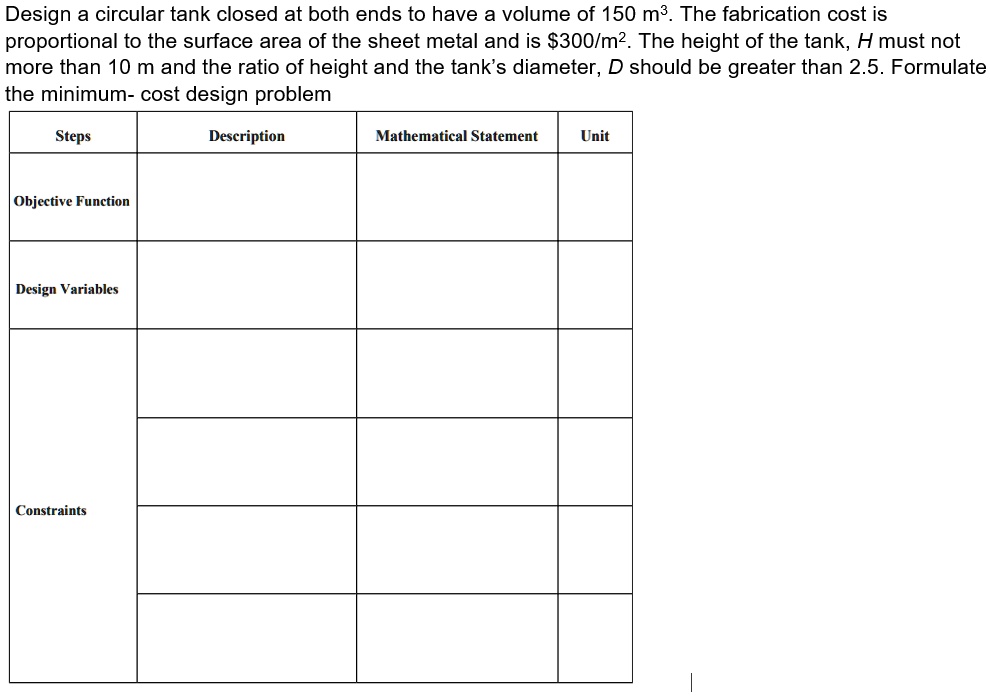 SOLVED: Design a circular tank closed at both ends to have a volume of ...