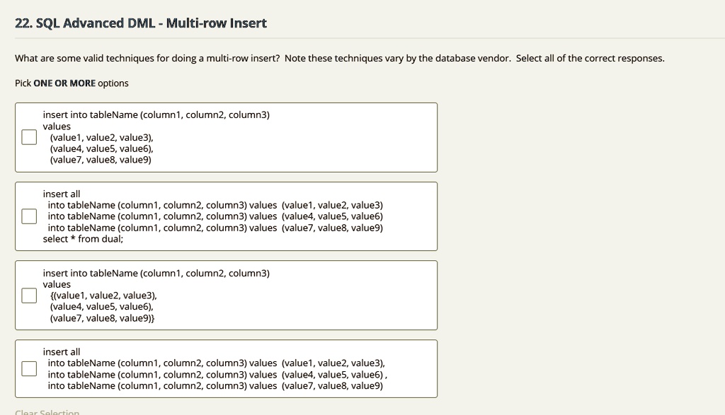 Solved Texts 22 Sql Advanced Dml Multi Row Insert What Are Some Valid Techniques For Doing
