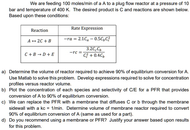 We are feeding 100 moles/min of a A to a plug flow reactor at a ...