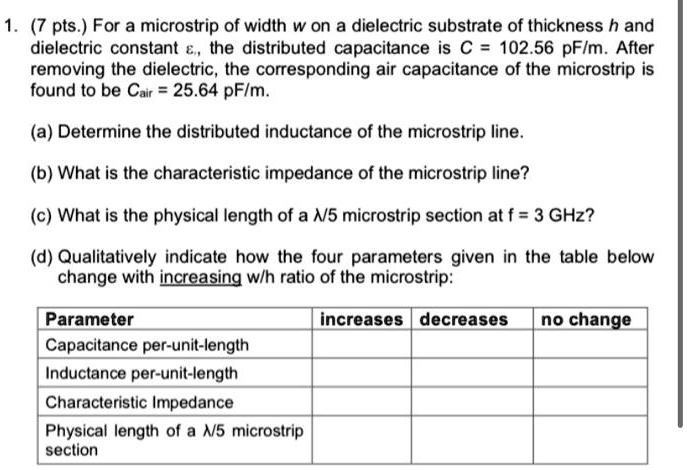 1. (7 pts.) For a microstrip of width w on a dielectric substrate of ...