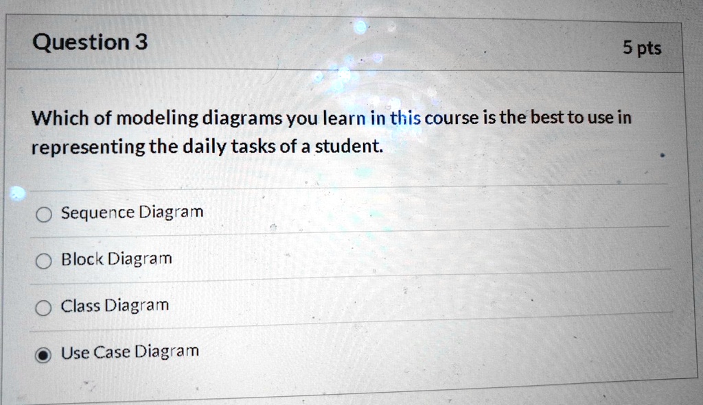 SOLVED: Question 3 5pts Which of modeling diagrams you learn in this ... SOLVED: Question 3 5pts Which of modeling diagrams you learn in this ...