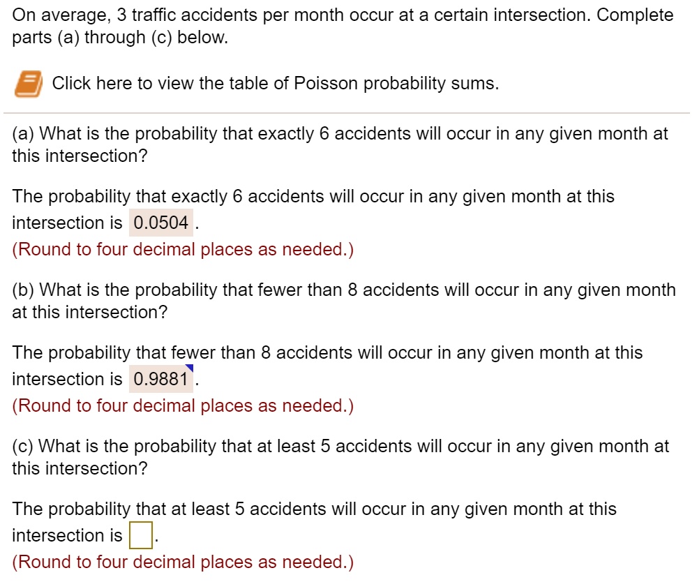 SOLVED: On average; 3 traffic accidents per month occur at a certain ...