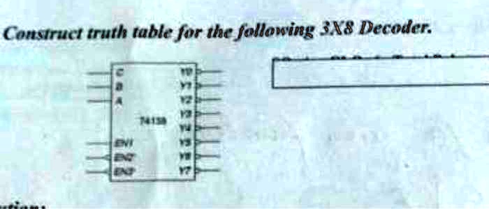 SOLVED: 'Construct truth table for the following 30 8 Decoder:' SOLVED: 'Construct truth table for the following 30 8 Decoder:'