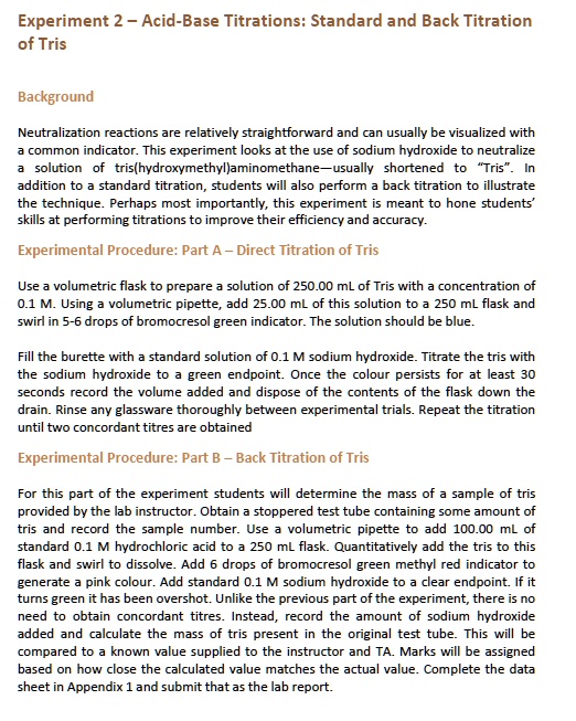 SOLVED: Experiment 2 Acid-Base Titrations: Standard and Back Titration of Tris Background ...