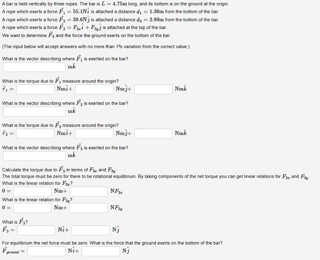SOLVED: A bar is held vertically by three ropes The bar is L = 4.75m ...