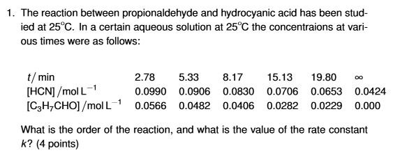 SOLVED: The reaction between propionaldehyde and hydrocyanic acid has ...